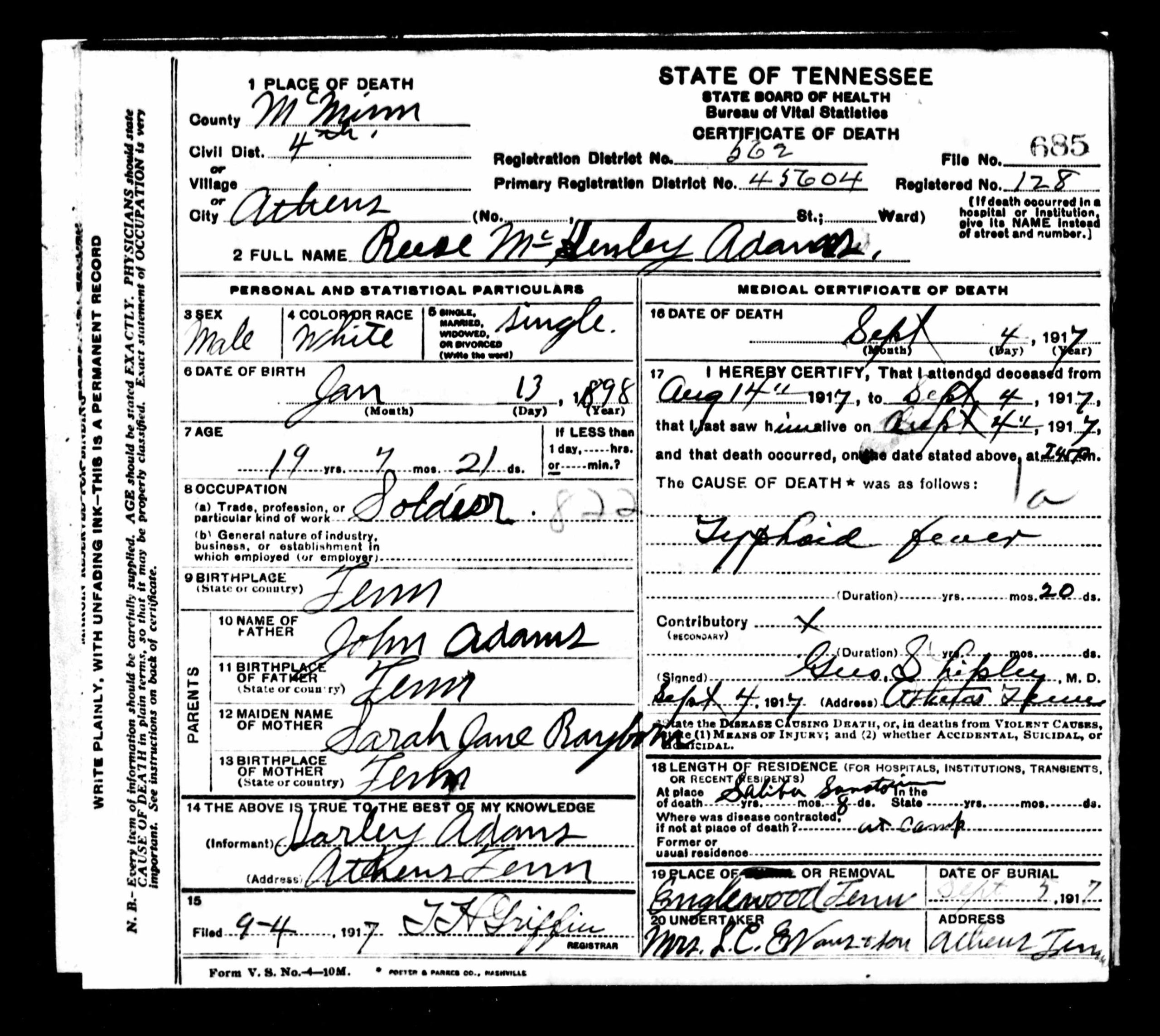 East Tennessee Veterans Memorial Association — Adams, Reese